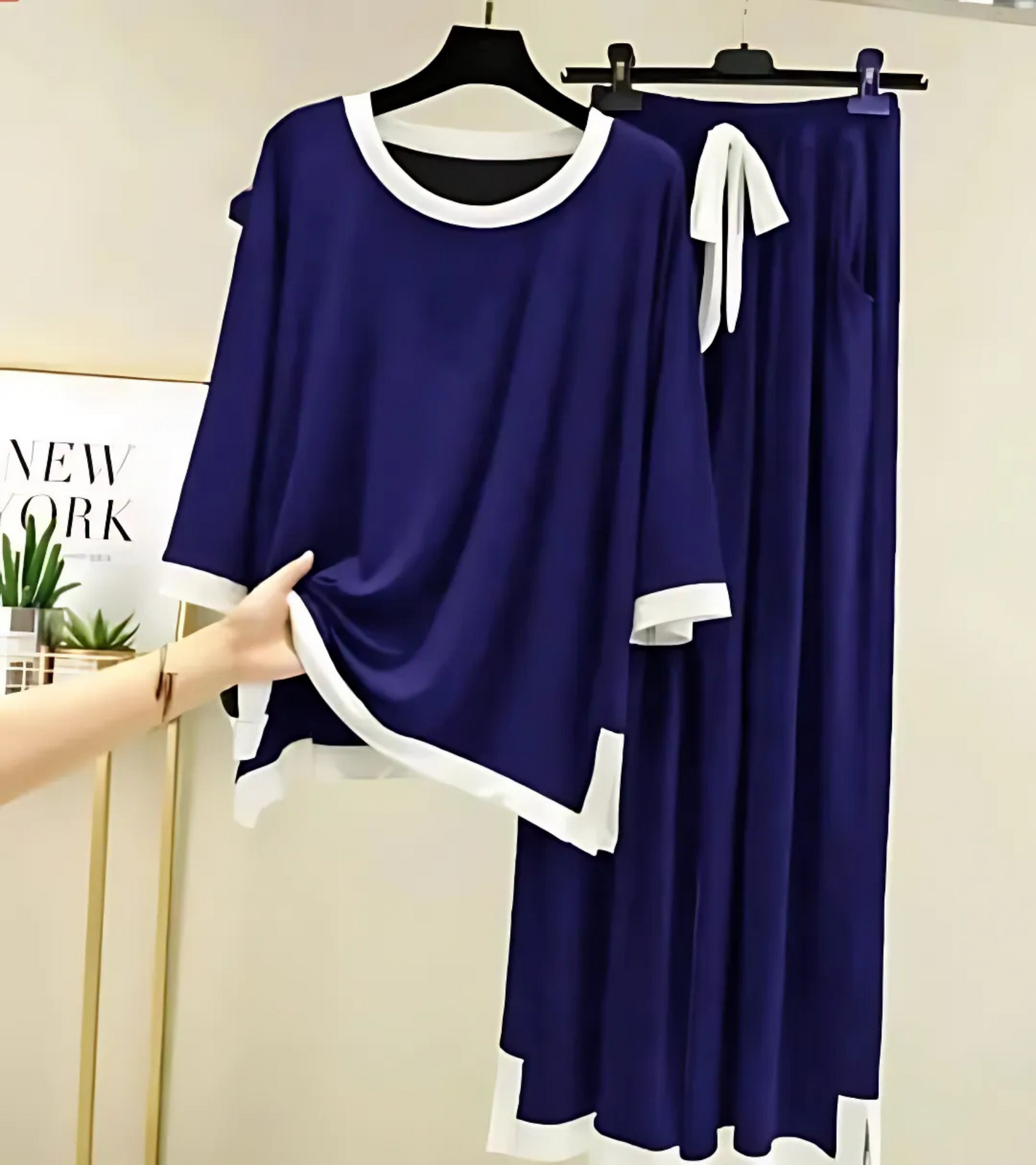 Navy Blue White Round Neck Plazzo PJ Set – Libaas Apparels